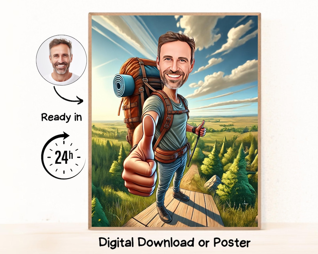 Custom Hiking Cartoon Portrait, Hiking Portrait, Gift for Hiking ...