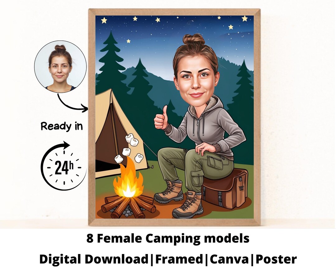 Camping Female Cartoon Portrait / Camping Gift / Custom Camping ...