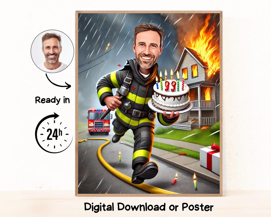 Firefighter Cartoon Portrait Son Gift brother Gift dad Giftcolleague ...