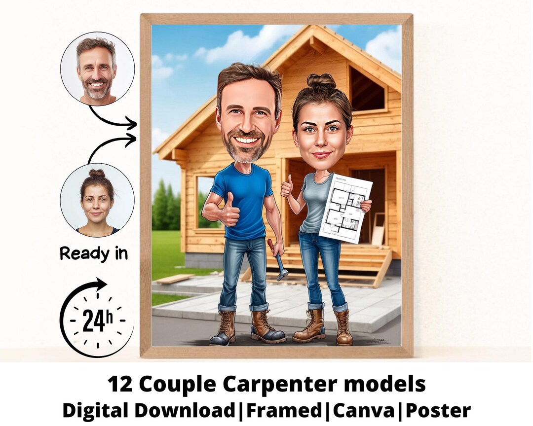Carpenter Couple Cartoon Portrait / Carpenter Gift / Custom Carpenter ...