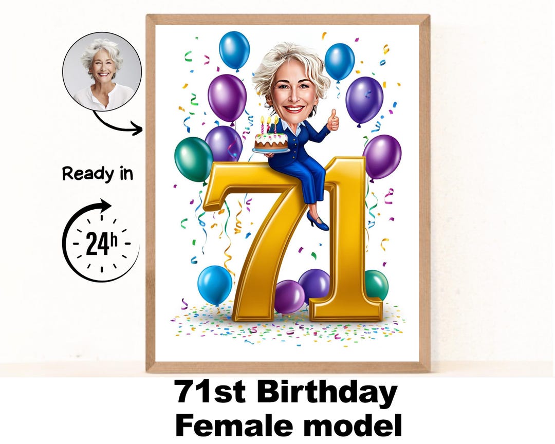 Custom 71st Woman Cartoon Portrait, 71st Birthday Caricature, Birthday ...