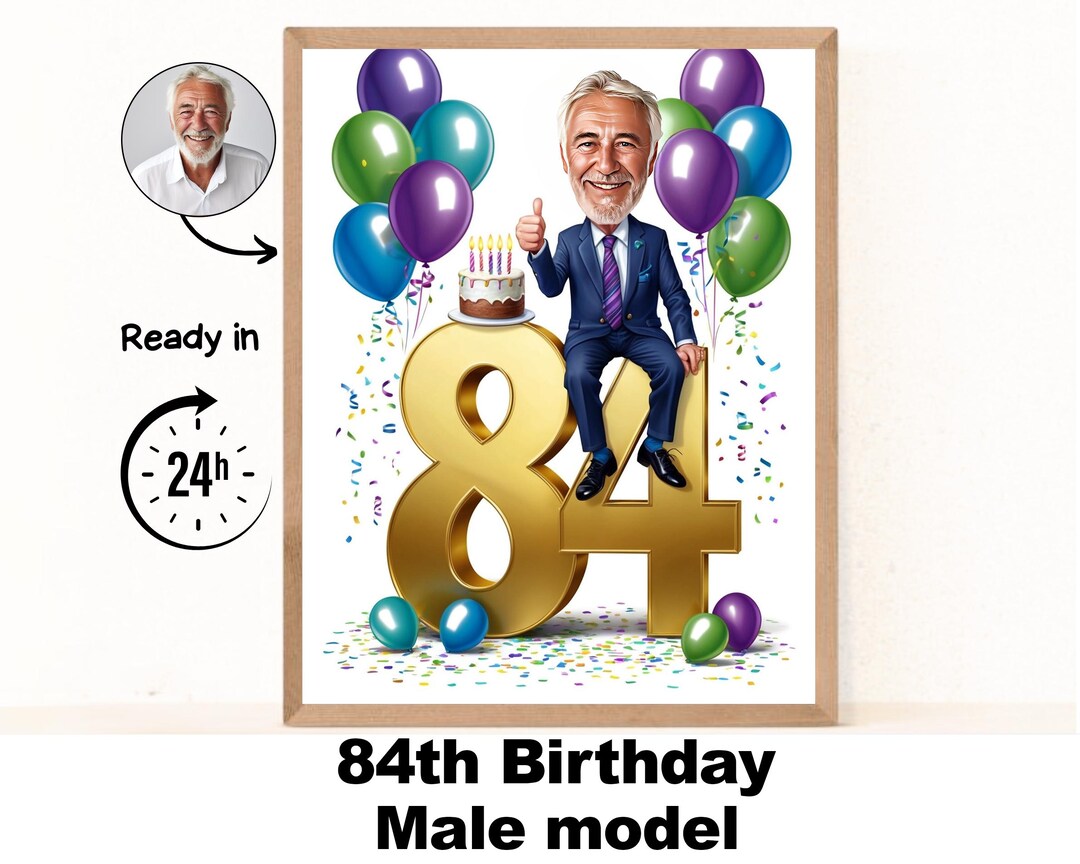 Custom 84th Man Cartoon Portrait, 84th Birthday Caricature, Birthday ...