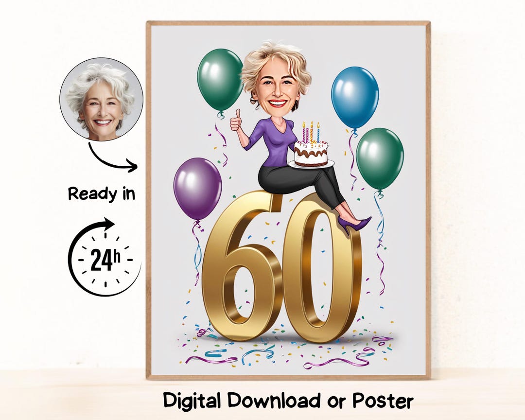 Happy 60th Cartoon Portrait, Custom Happy Birthday Caricature Drawing ...