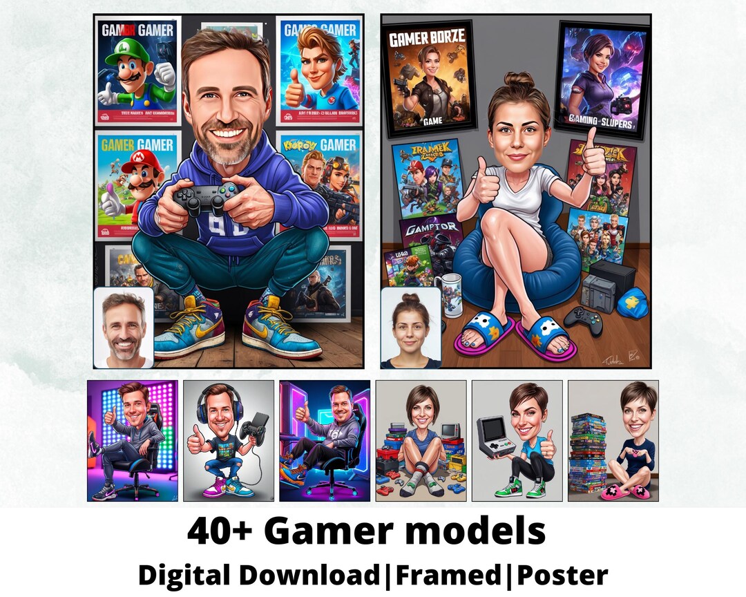 Gamer Cartoon Portrait | Gamer Gift | Video Game Gift |custom Gamer ...