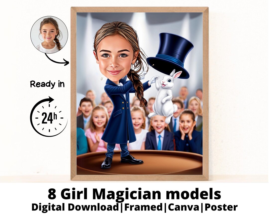 Magician Girl Cartoon Portrait / Magician Daughter Gift / Magician ...