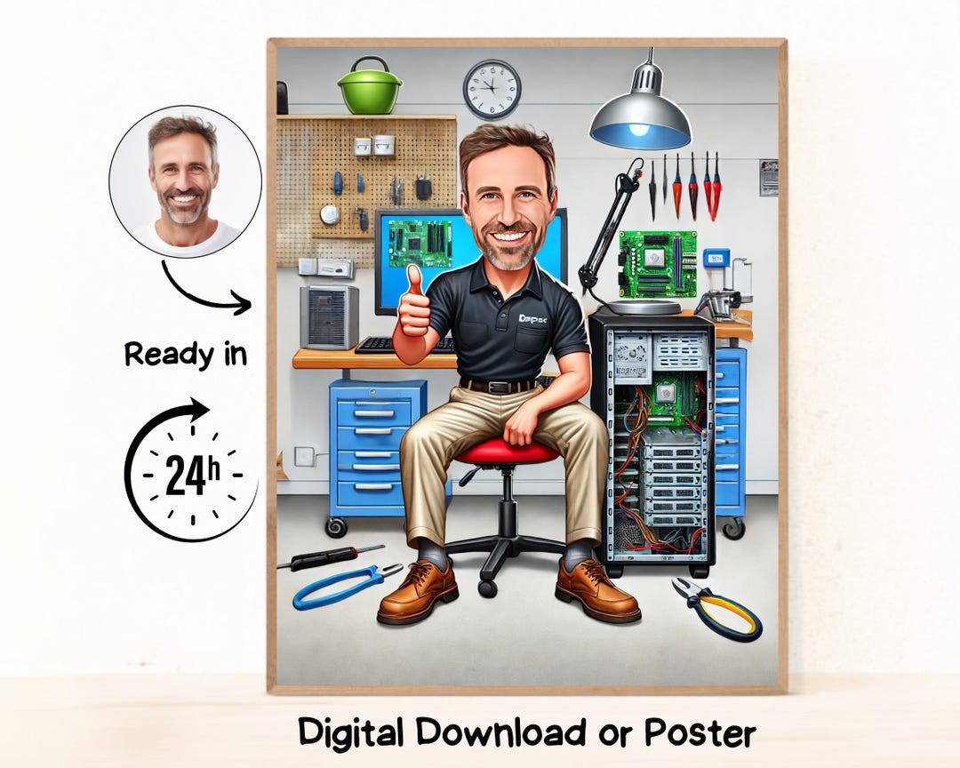 Computer Geek Cartoon Portrait, Computer Geek Caricature, Gift for ...