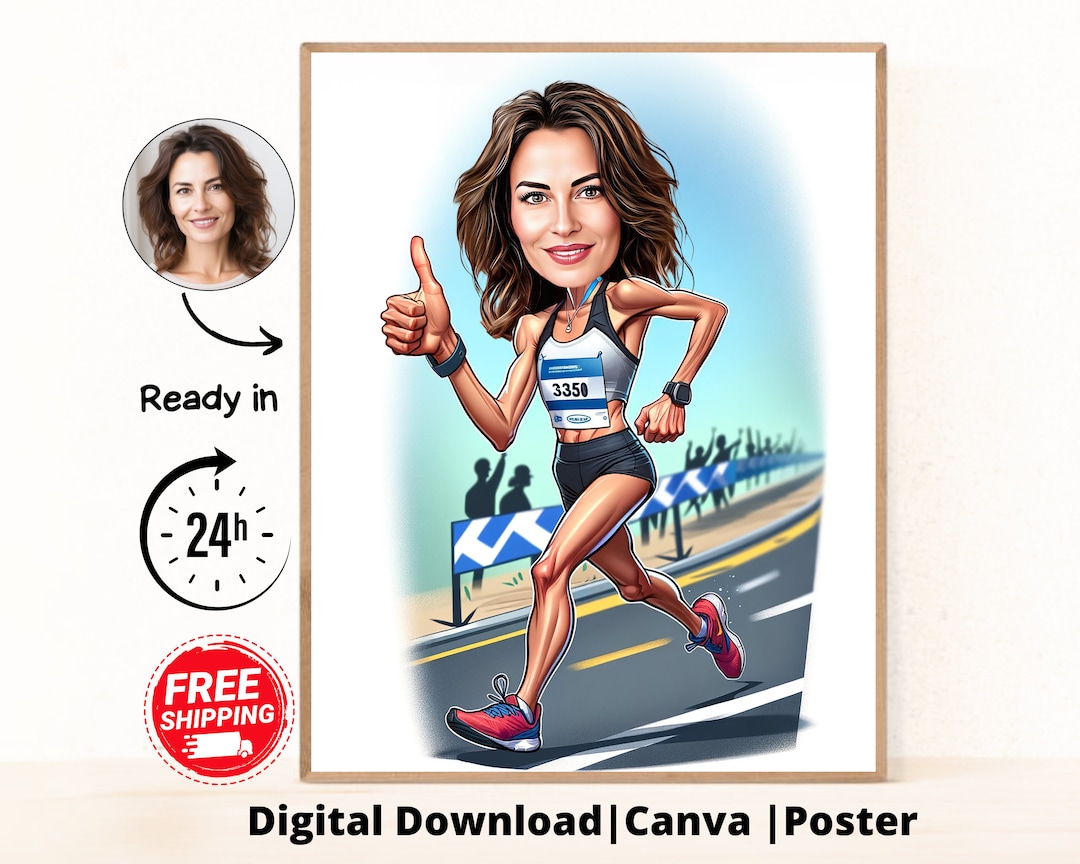 Custom Marathon Running Cartoon Portrait, Gift for Female Marathon ...