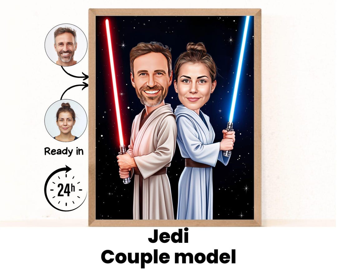 Jedi Couple Cartoon Portrait / Jedi Gift / Custom Jedi Caricature / Jedi Caricature From Photo ...
