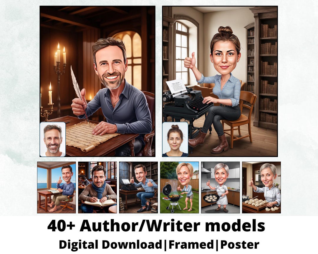 Author Cartoon Portrait | Author Gift | Custom Author Caricature ...