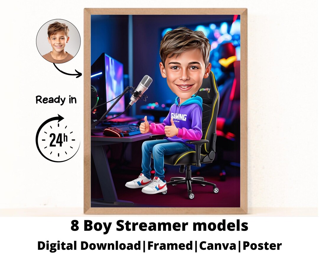 Gamer Boy Cartoon Portrait / Gamer Son Gift / Gamer Nephew Gift / Gift ...