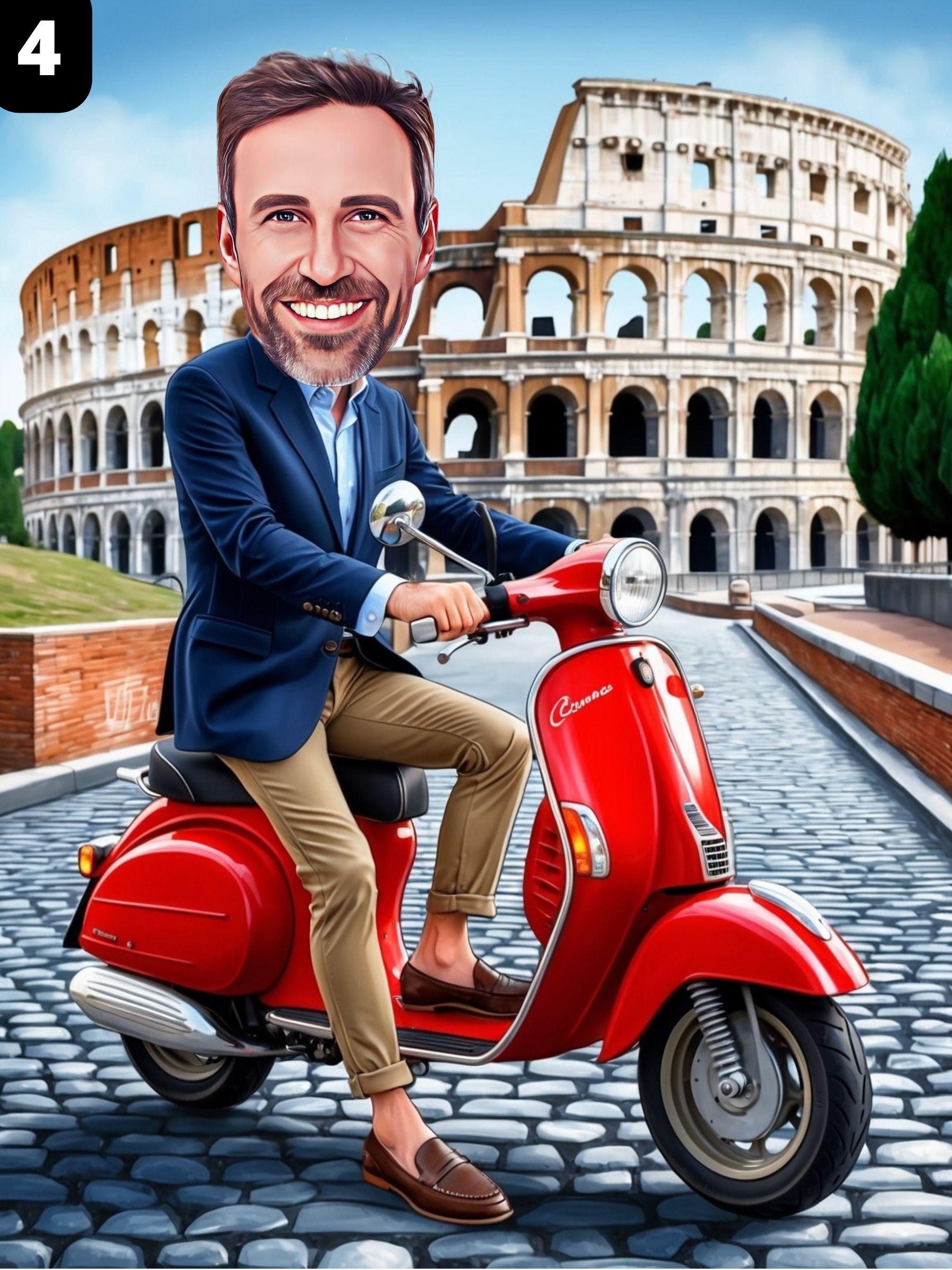 Personalised Scooter Cartoon Portrait, Custom Vespa Caricature Drawing ...