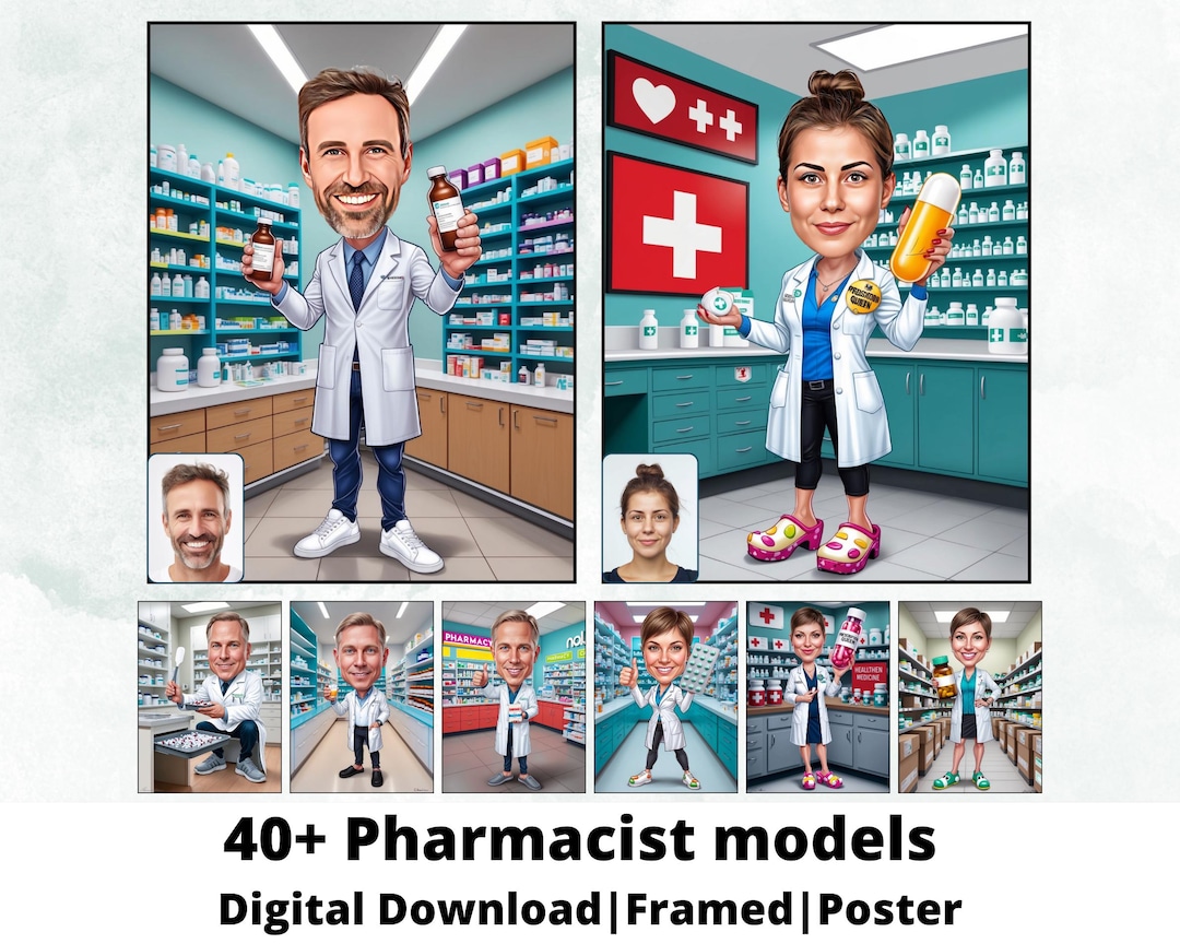 Pharmacist Cartoon Portrait | Pharmacist Gift | Custom Pharmacist ...