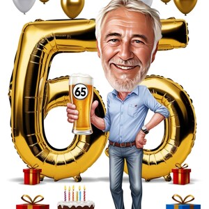 Custom 65th Man Cartoon Portrait, 65th Birthday Caricature, Birthday ...