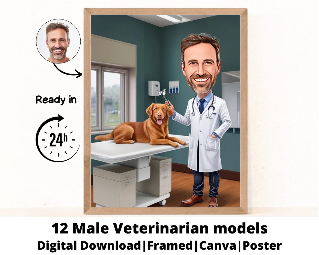 Veterinarian Male Cartoon Portrait / Veterinarian Gift / Custom ...
