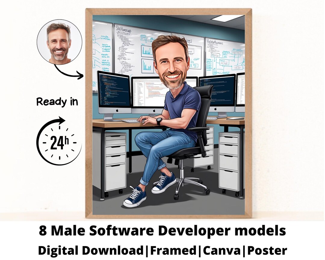 Software Developer Male Cartoon Portrait / Software Developer Gift / Custom Software Developer ...