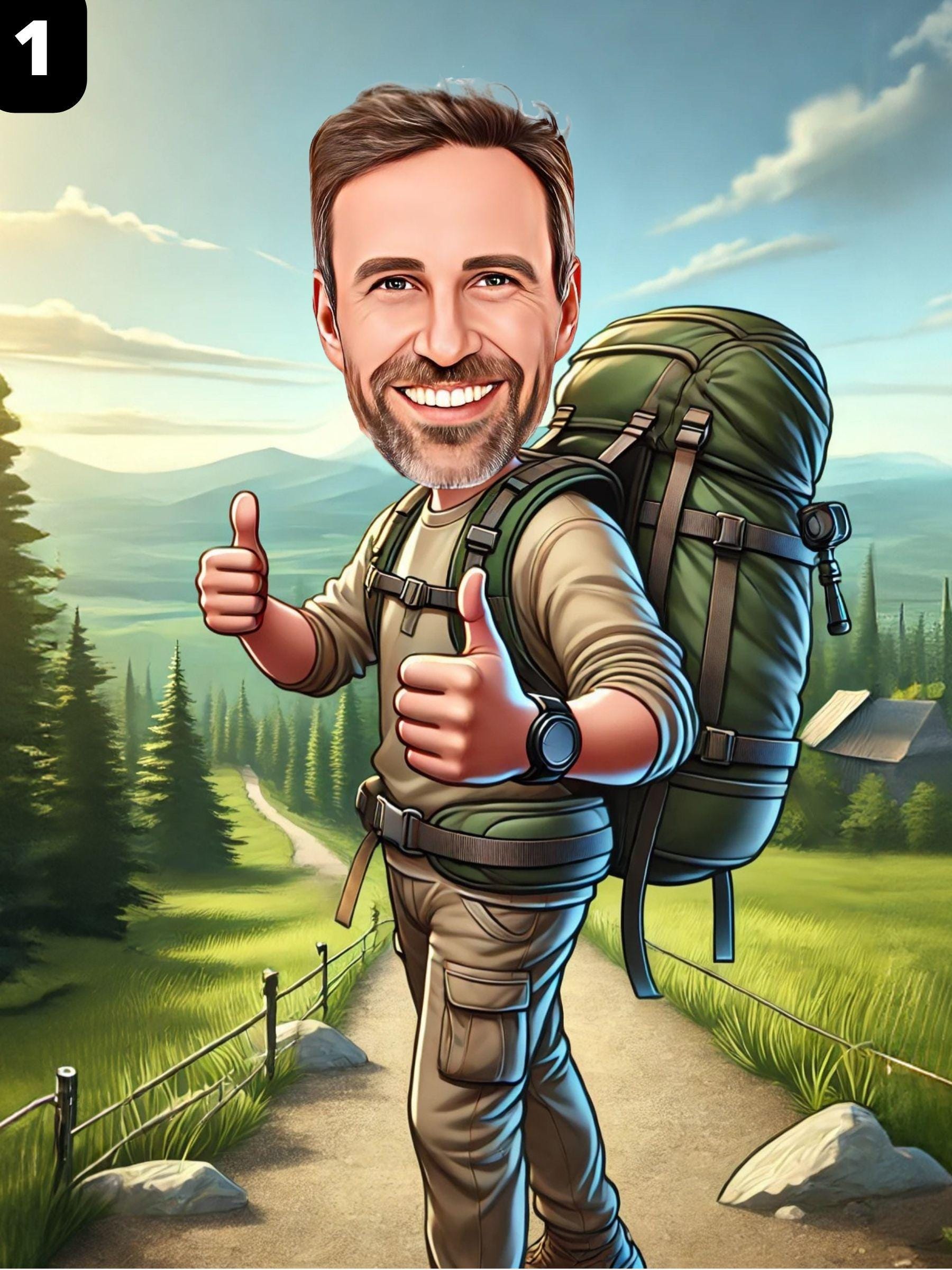 Custom Hiking Cartoon Portrait, Hiking Portrait, Gift for Hiking ...