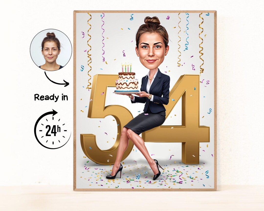 54th Birthday Cartoon Portrait 54th Birthday Gift Invitation 54th ...