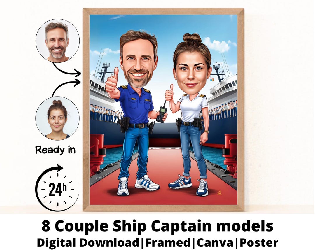 Ship Captain Couple Cartoon Portrait / Ship Captain Gift / Custom Ship ...