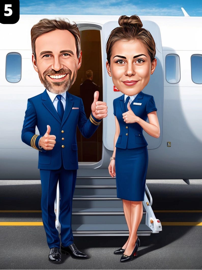 Custom Flight Attendant Cartoon Portrait, Cabin Crew Caricature, Gift ...