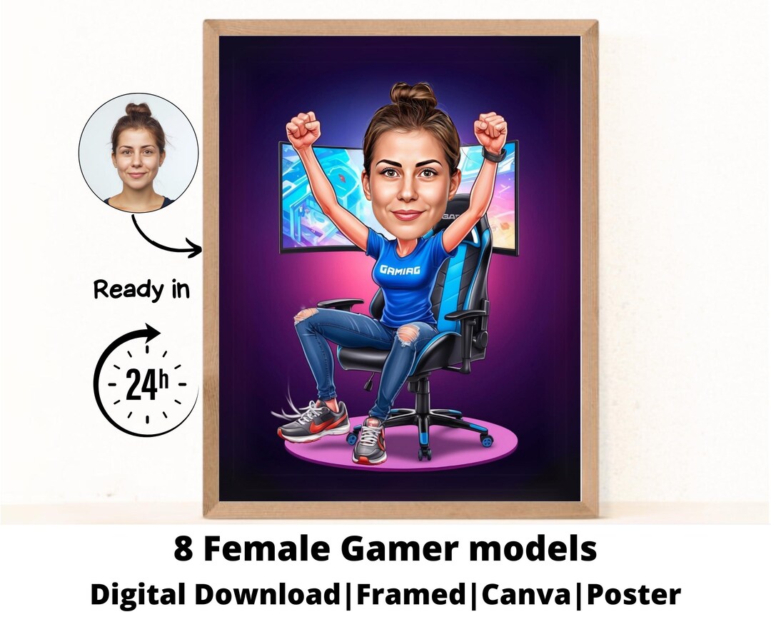 Gamer Female Cartoon Portrait / Gamer Gift / Custom Gamer Caricature ...