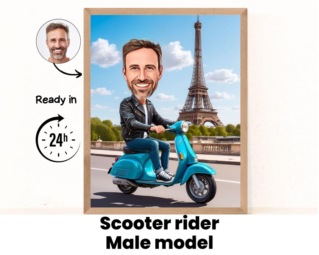 Personalised Scooter Cartoon Portrait, Custom Vespa Caricature Drawing ...