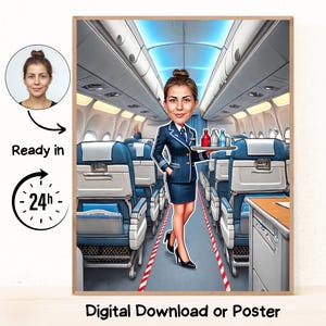 Custom Flight Attendant Cartoon Portrait, Cabin Crew Caricature, Gift ...