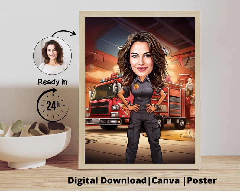 Firefighter Cartoon Portrait Son Gift brother Gift dad Giftcolleague ...