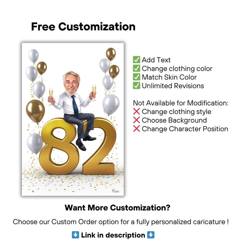 Custom Greeting Card for 82nd Birthday, 82nd Anniversary, Caricature ...
