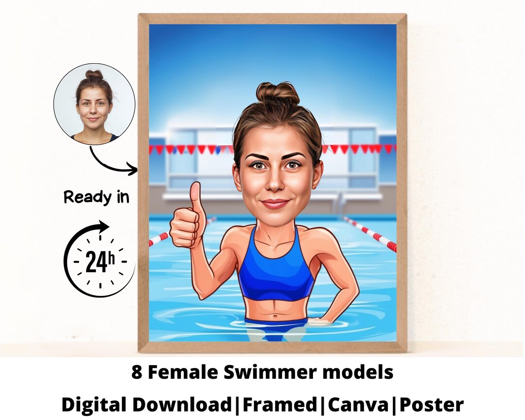 Swimmer Female Cartoon Portrait / Swimmer Gift / Custom Swimmer ...