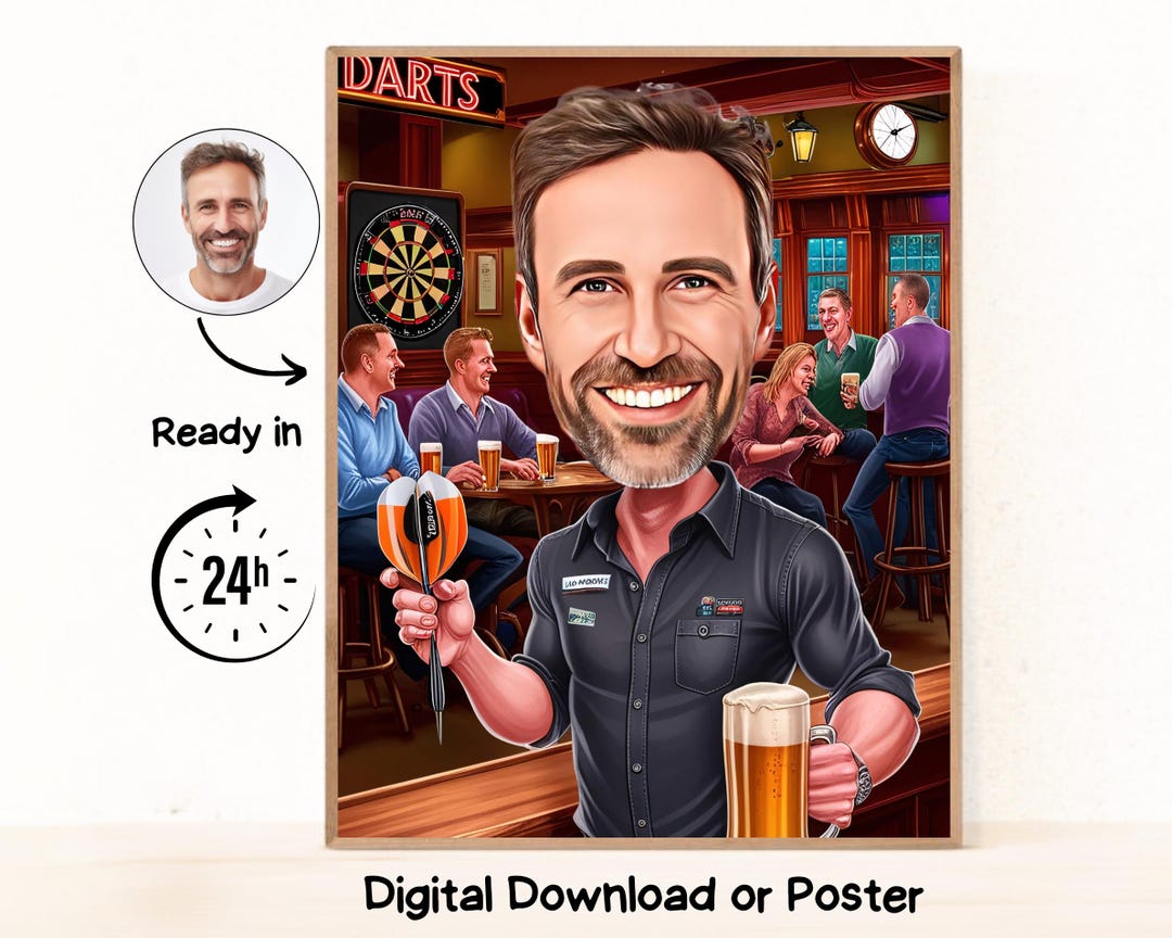 Personalised Darts Player Cartoon Portrait, Custom Darts Caricature ...