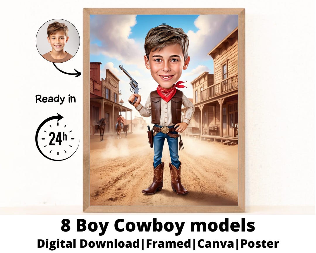Cowboy Boy Cartoon Portrait / Cowboy Son Gift / Cowboy Nephew Gift ...