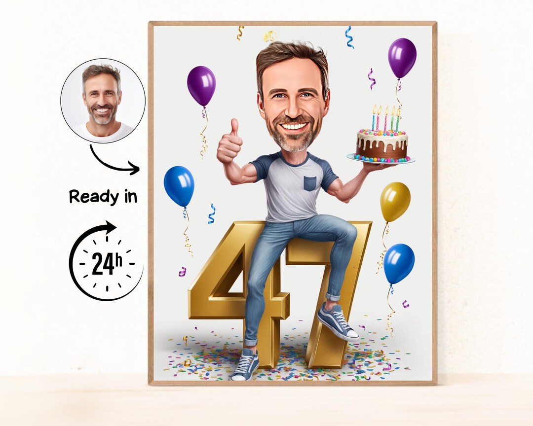 47th Birthday Cartoon Portrait 47th Birthday Gift Invitation 47th ...