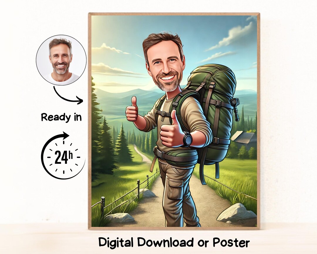 Custom Hiking Cartoon Portrait, Hiking Portrait, Gift for Hiking ...