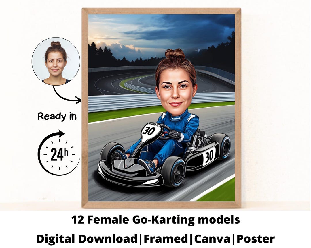 Go-karting Female Cartoon Portrait / Go-karting Gift / Custom Go-karting Caricature / Go-karting ...