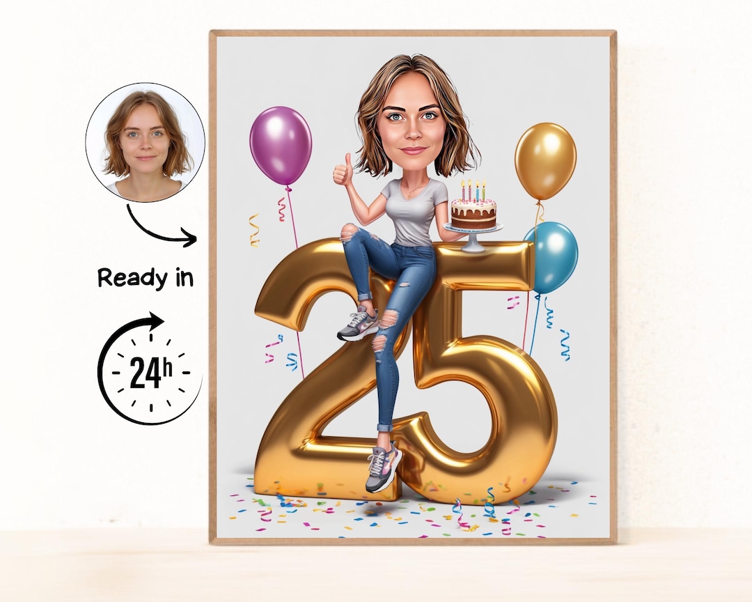25th Birthday Cartoon Portrait | 25th Birthday Gift | Invitation 25th ...