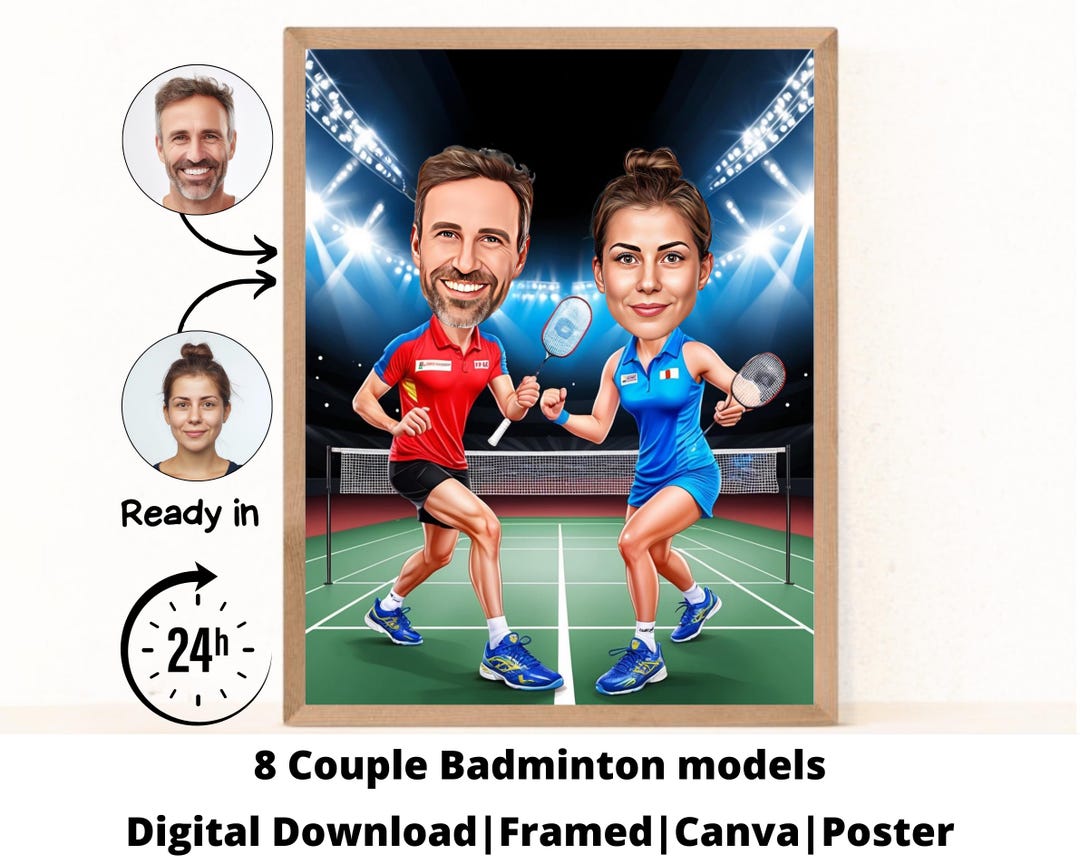 Badminton Couple Cartoon Portrait / Badminton Gift / Custom Badminton ...