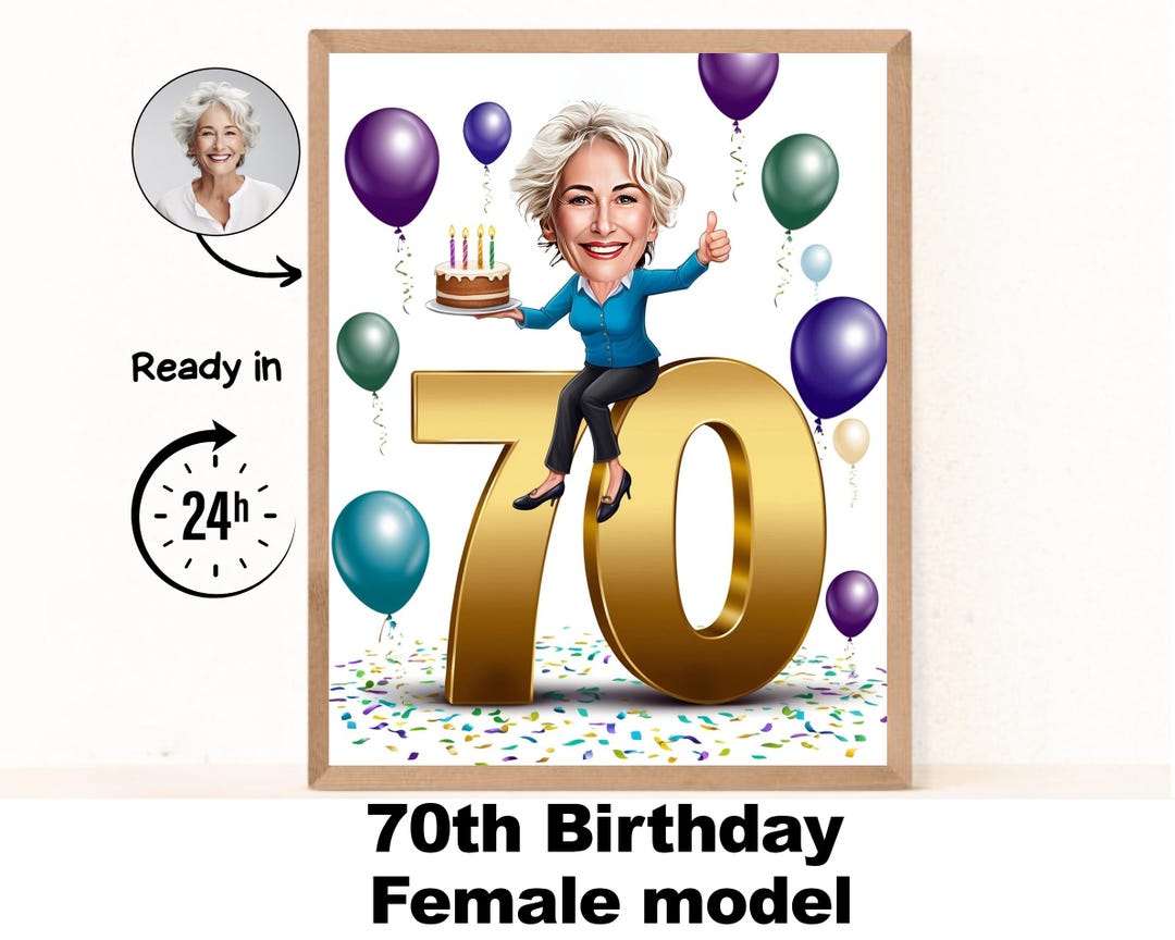 Custom 70th Woman Cartoon Portrait, 70th Birthday Caricature, Birthday ...