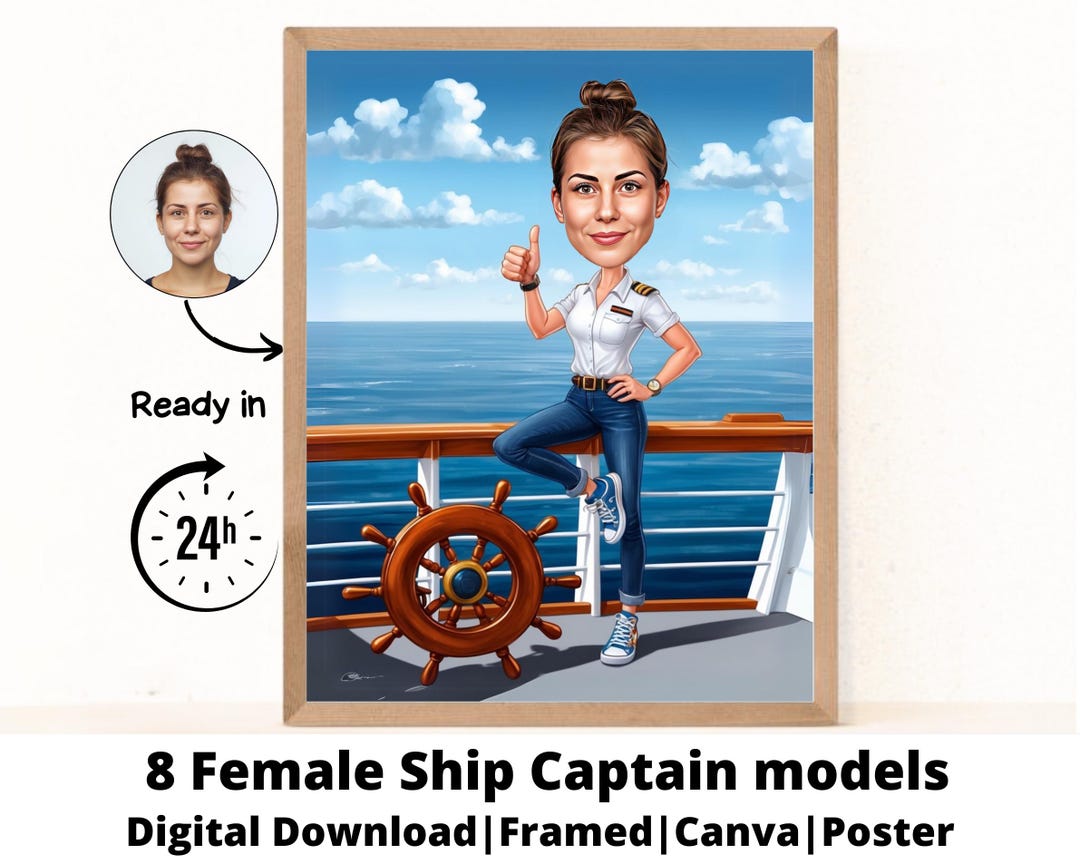 Ship Captain Female Cartoon Portrait / Ship Captain Gift / Custom Ship ...