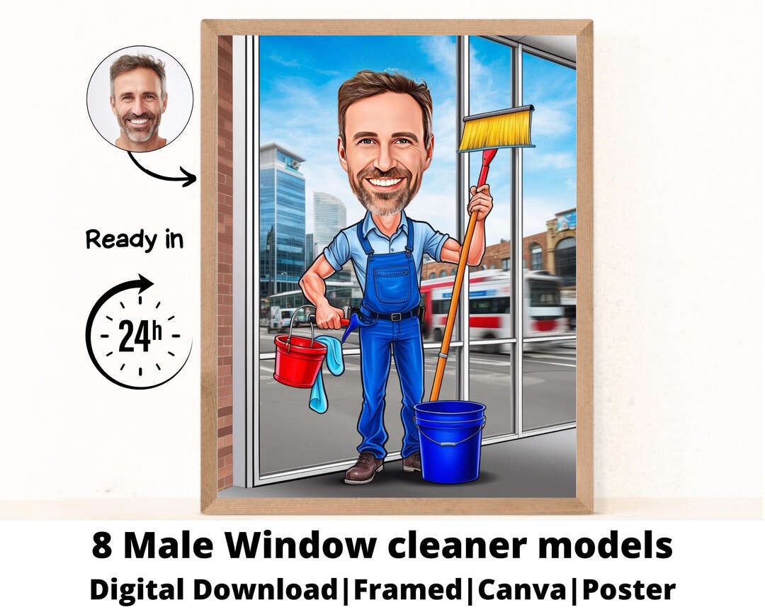 Window Cleaner Male Cartoon Portrait / Window Cleaner Gift / Custom ...