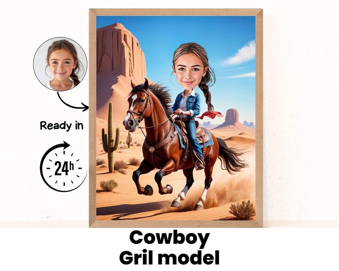 Cowboy Girl Cartoon Portrait, Western Cowboy Daughter Gift / Cowboy ...