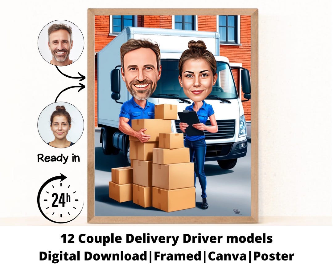 Delivery Driver Couple Cartoon Portrait / Delivery Driver Gift / Custom ...