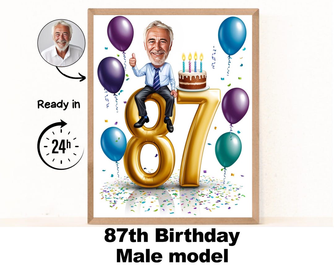 Custom 87th Man Cartoon Portrait, 87th Birthday Caricature, Birthday ...