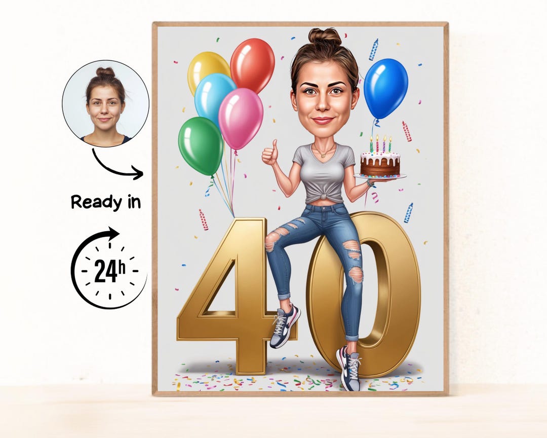 40th Birthday Cartoon Portrait | 40th Birthday Gift | Invitation 40th ...