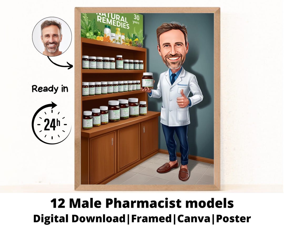 Pharmacist Male Cartoon Portrait / Pharmacist Gift / Custom Pharmacist ...