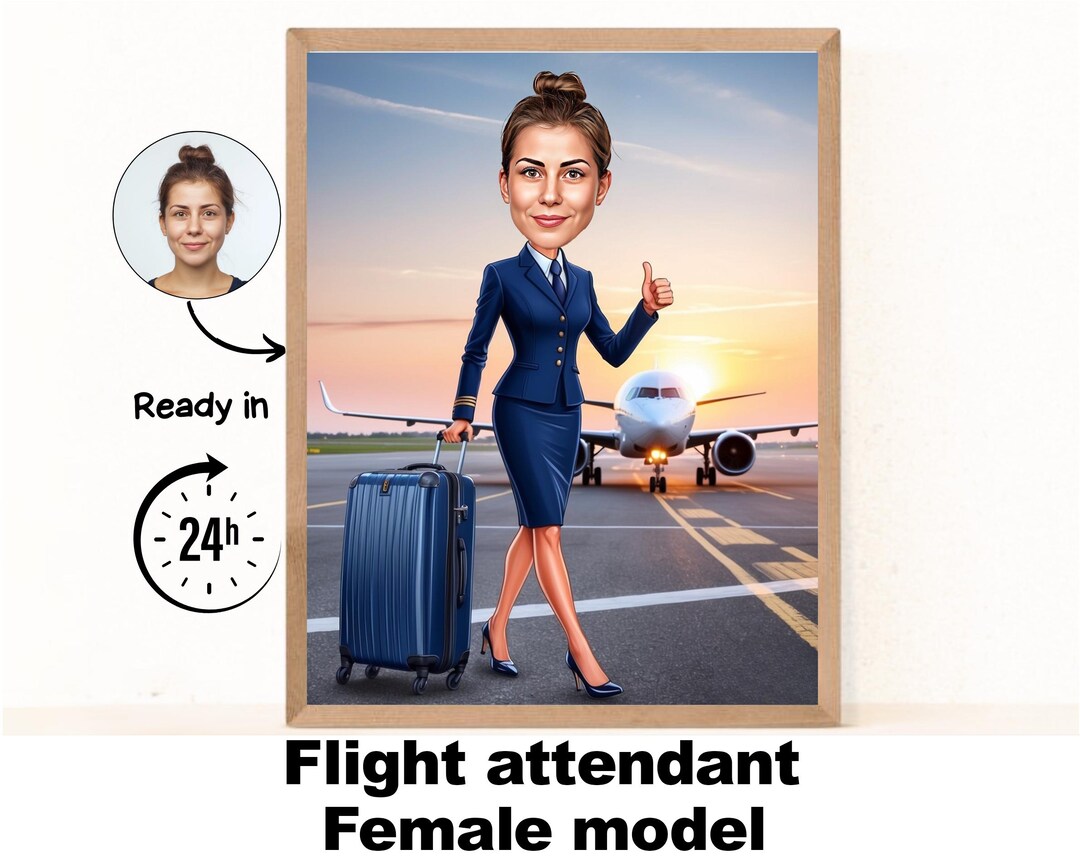 Custom Flight Attendant Cartoon Portrait, Cabin Crew Caricature, Gift ...