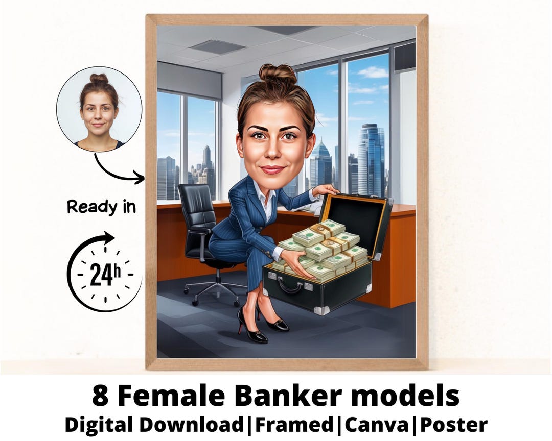Bank Teller Female Cartoon Portrait / Bank Teller Gift / Custom Bank ...
