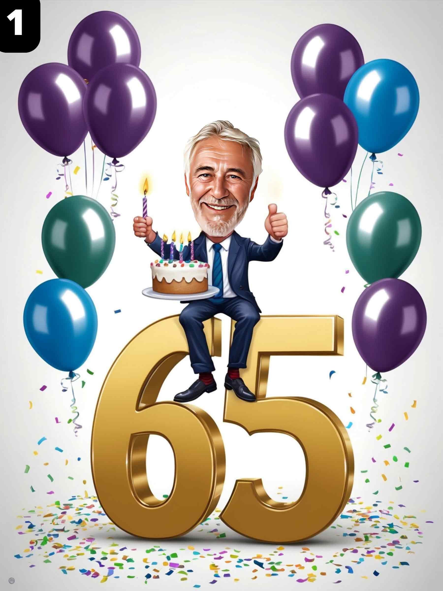 Custom 65th Man Cartoon Portrait, 65th Birthday Caricature, Birthday ...