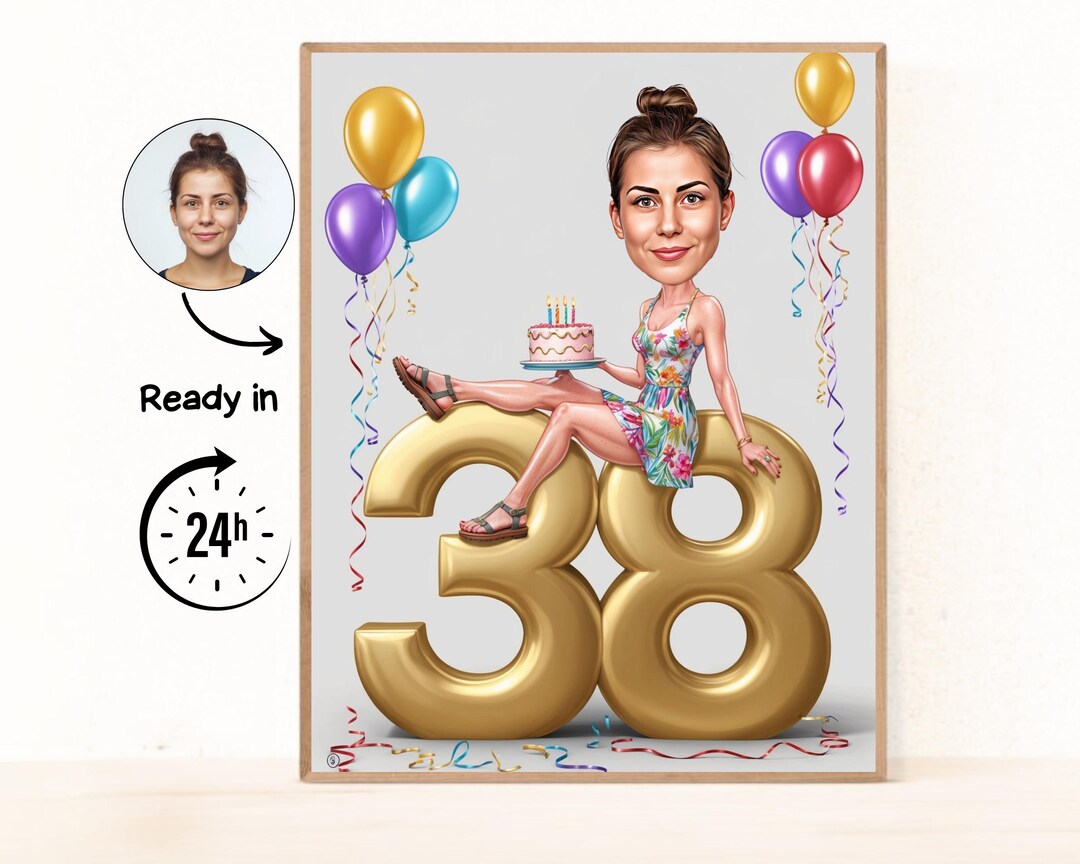 38th Birthday Cartoon Portrait | 38th Birthday Gift | Invitation 38th ...