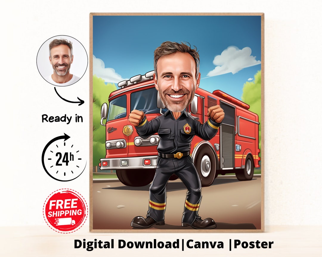 Firefighter Cartoon Portrait| Son Gift |brother Gift |dad Gift ...