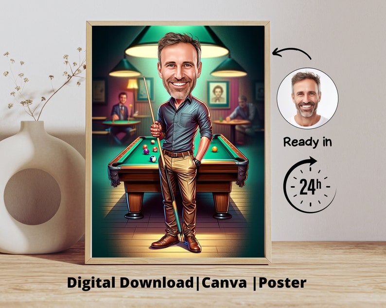 Custom Cartoon Portrait Pool Player Gift , Caricature Portrait From ...